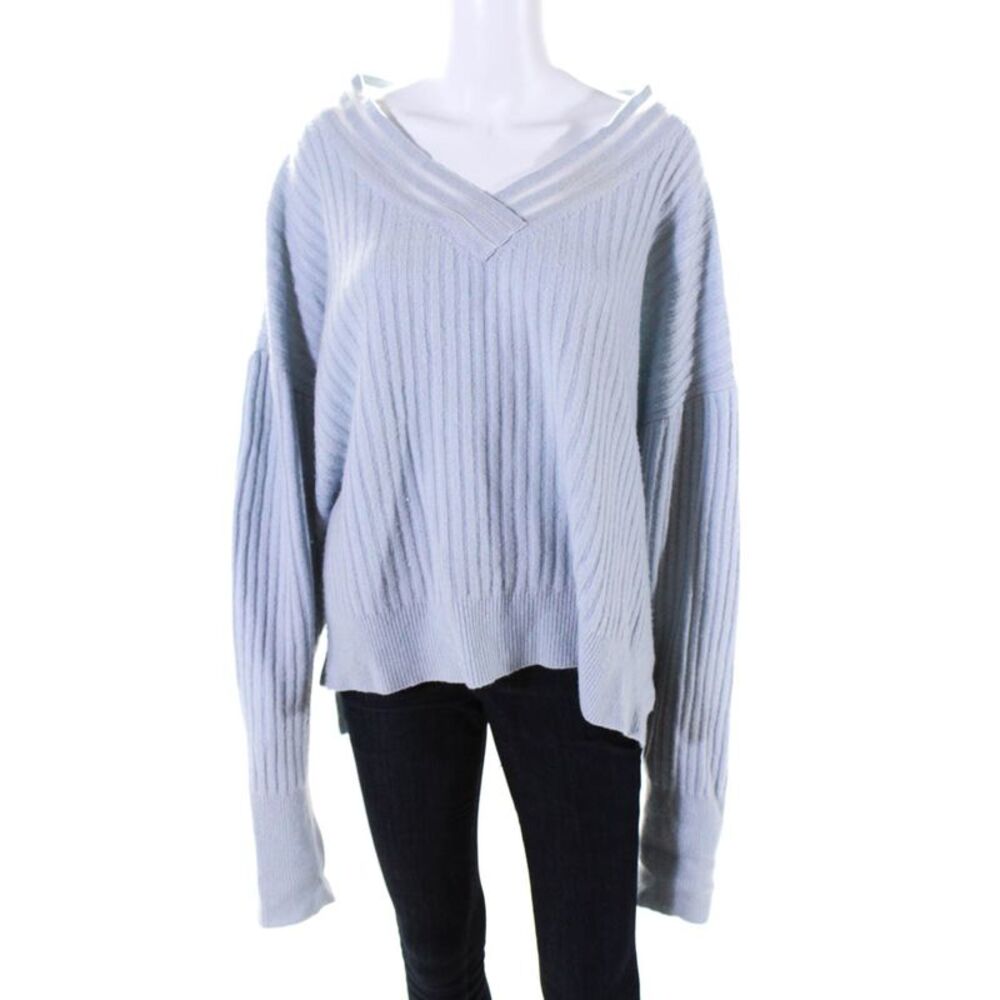 Bonnie Young Womens Light Blue Ribbed V-Neck Pullover… - Gem